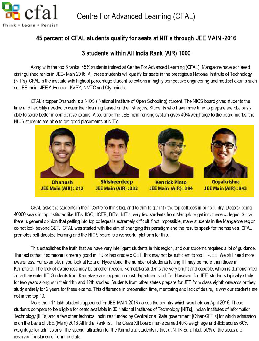 Centre for Advanced Learning - CFAL, Mangalore- daijiworld.com